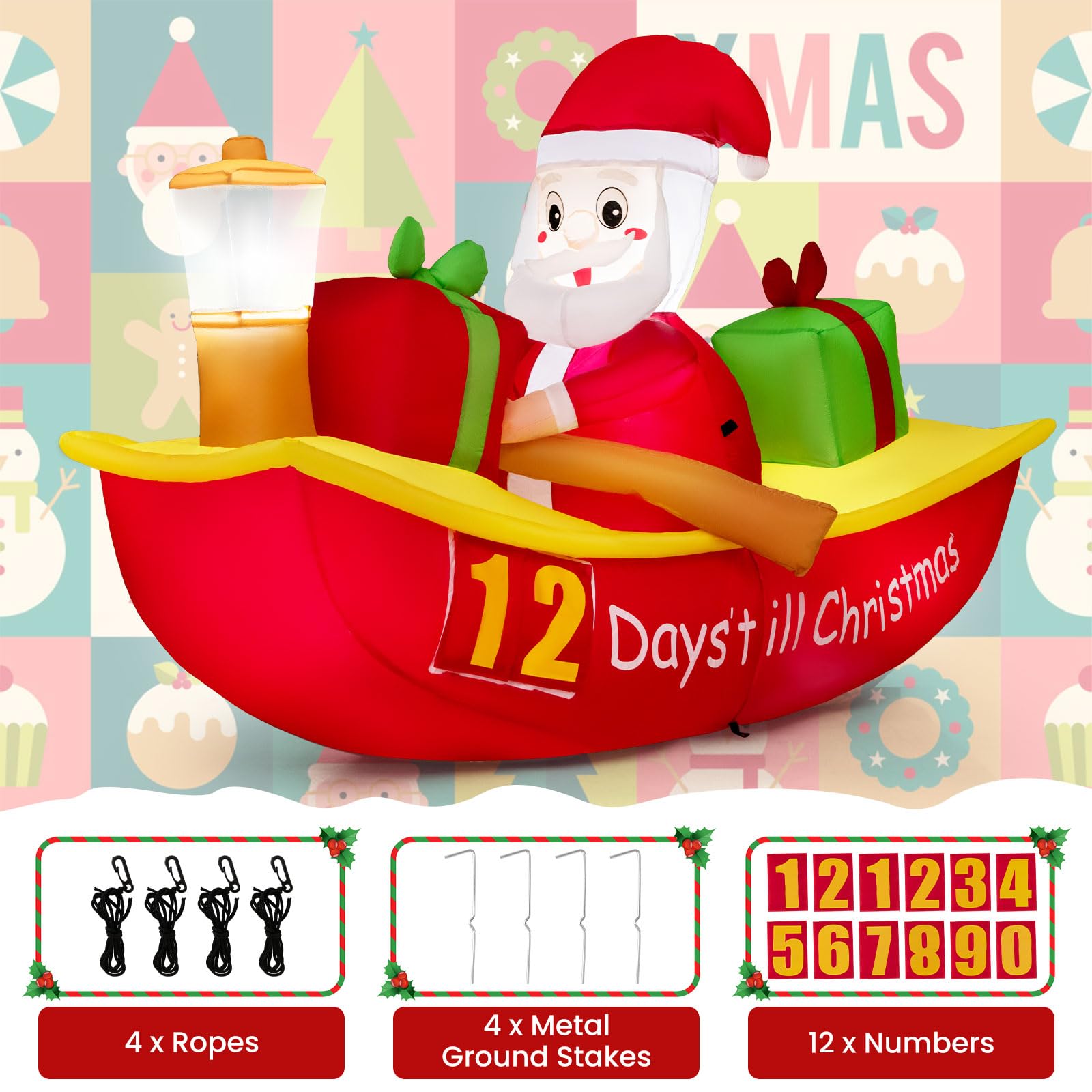 Tangkula 7 Ft Christmas Inflatable Santa Claus Rowing Boat With Naviga