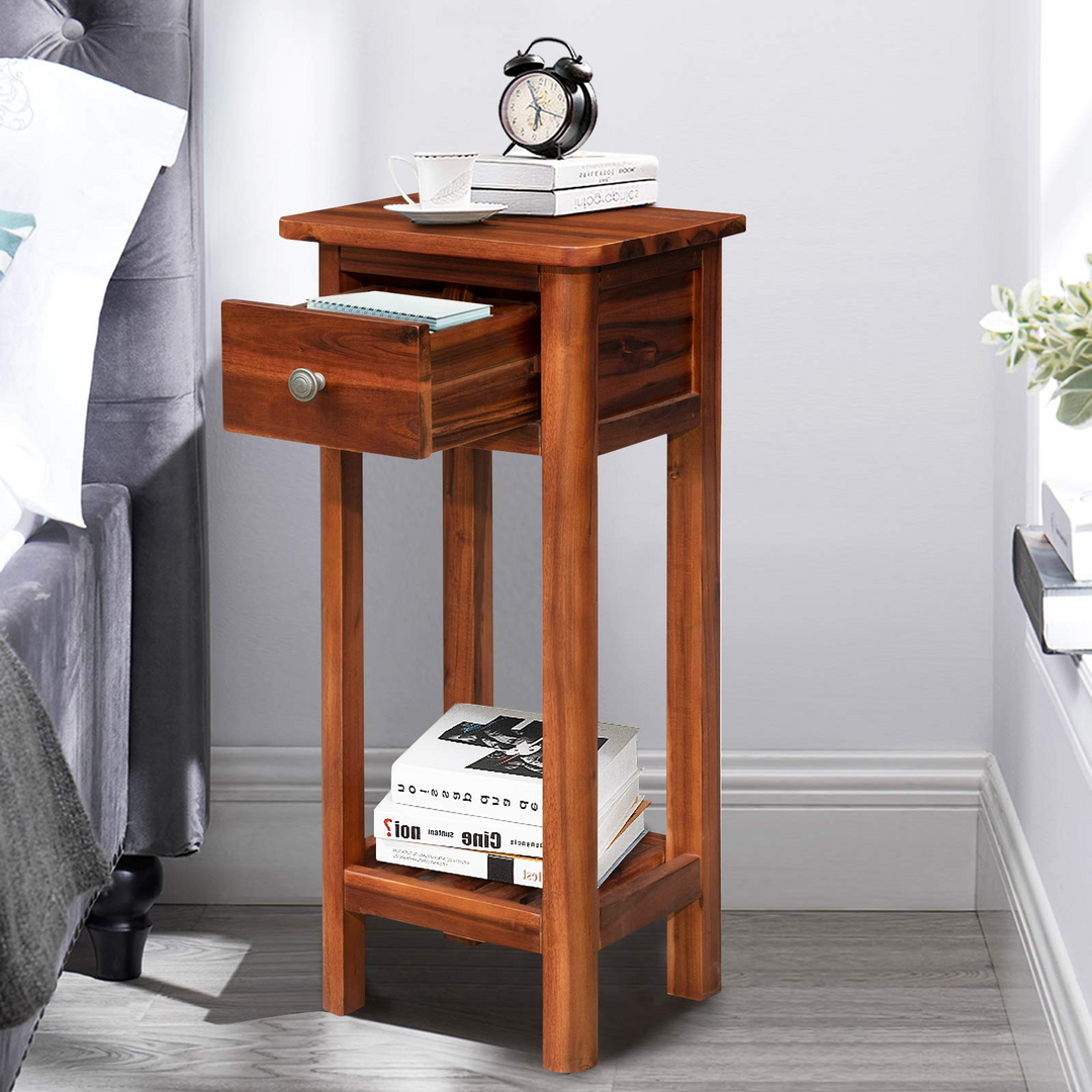 Tangkula Small Side Table for Small Spaces, Farmhouse Acacia Wood Slim ...